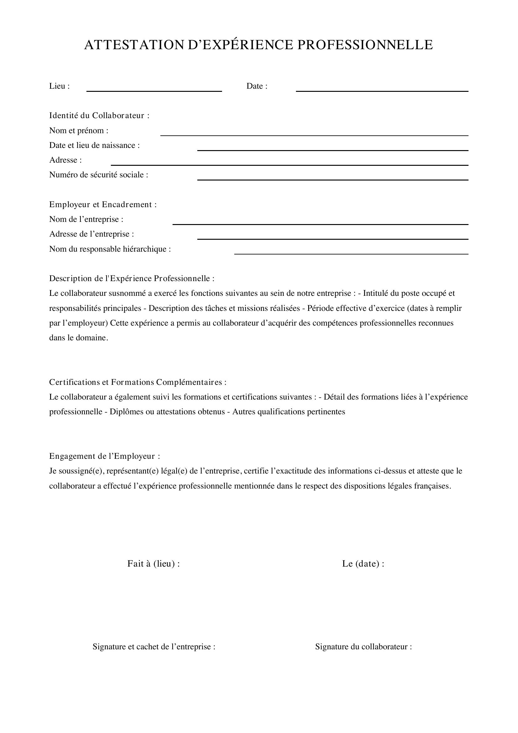 Attestation D'Expérience Professionnelle