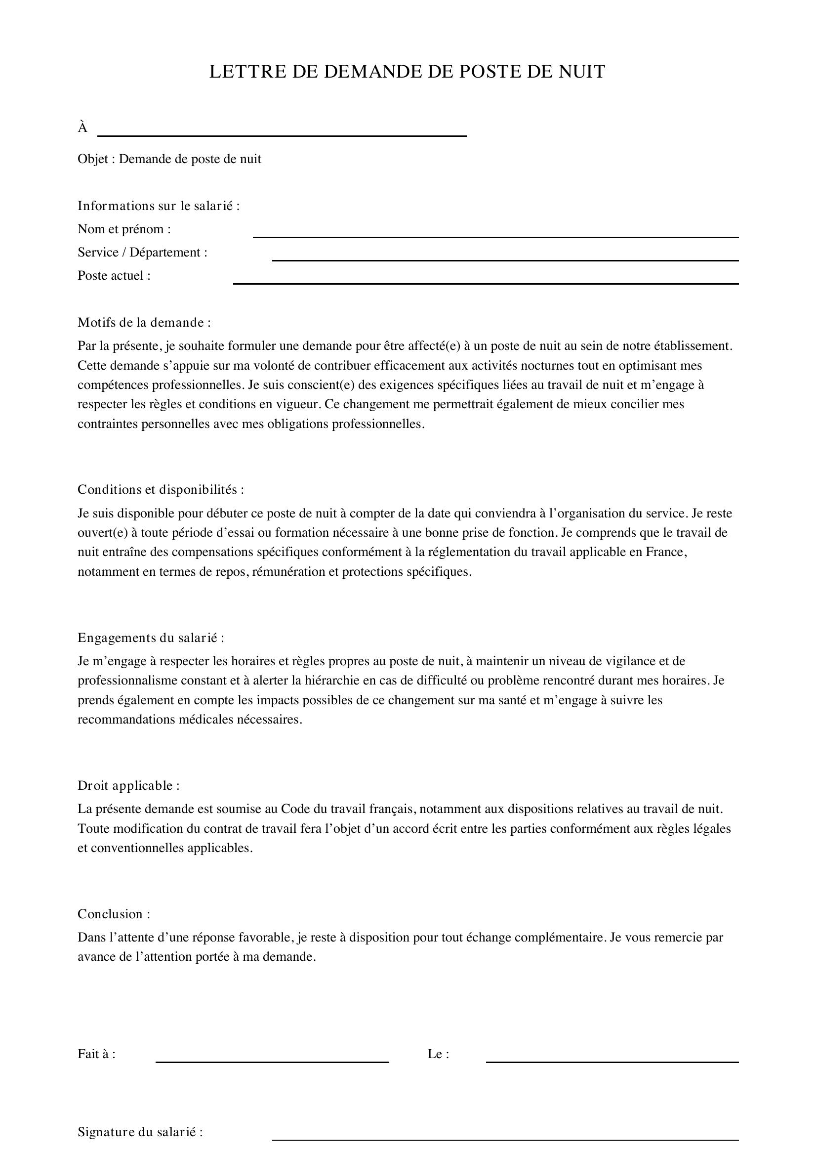 Modèle Lettre Demande Poste De Nuit